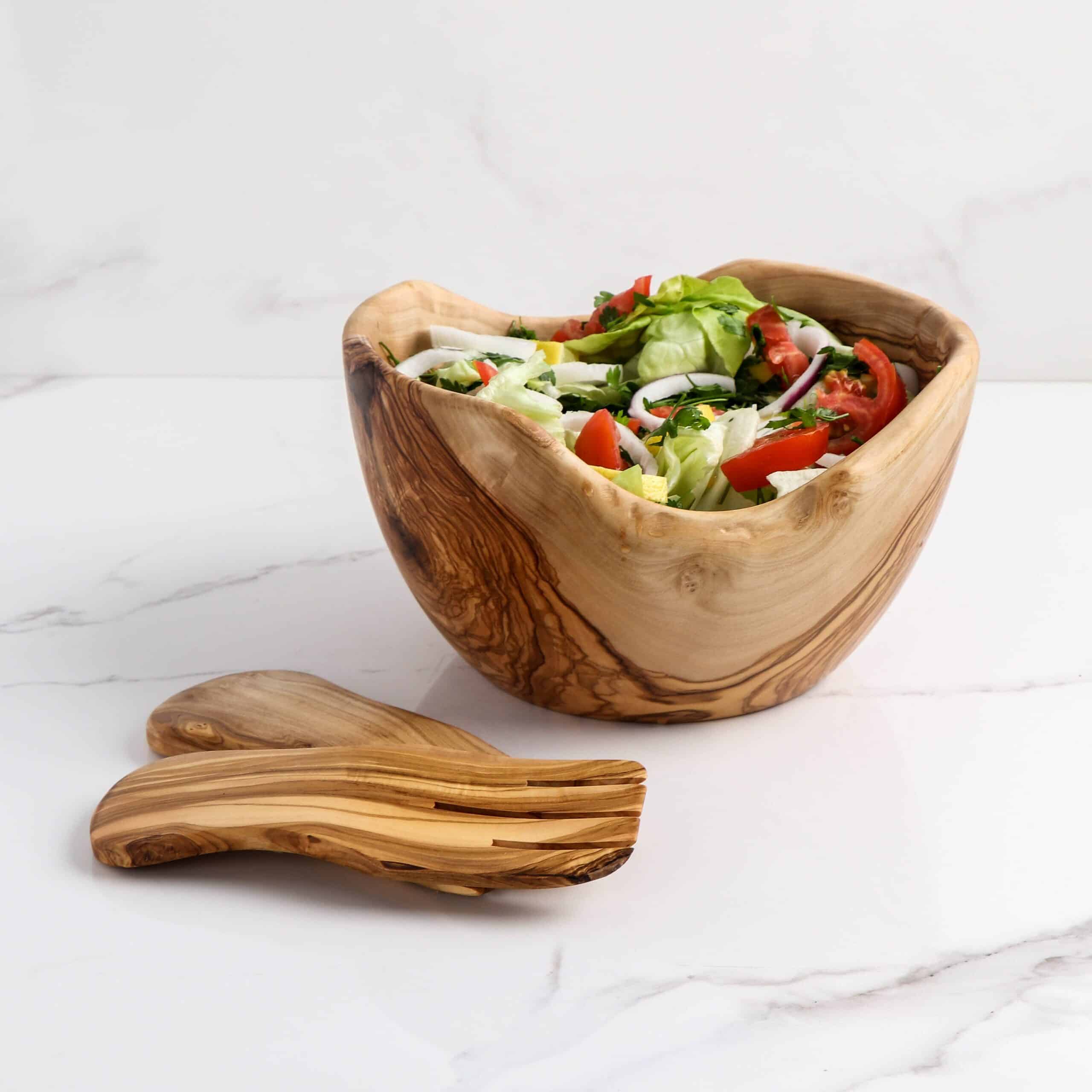 Large Olive Wood Salad Bowl with Salad Forks - Artisraw