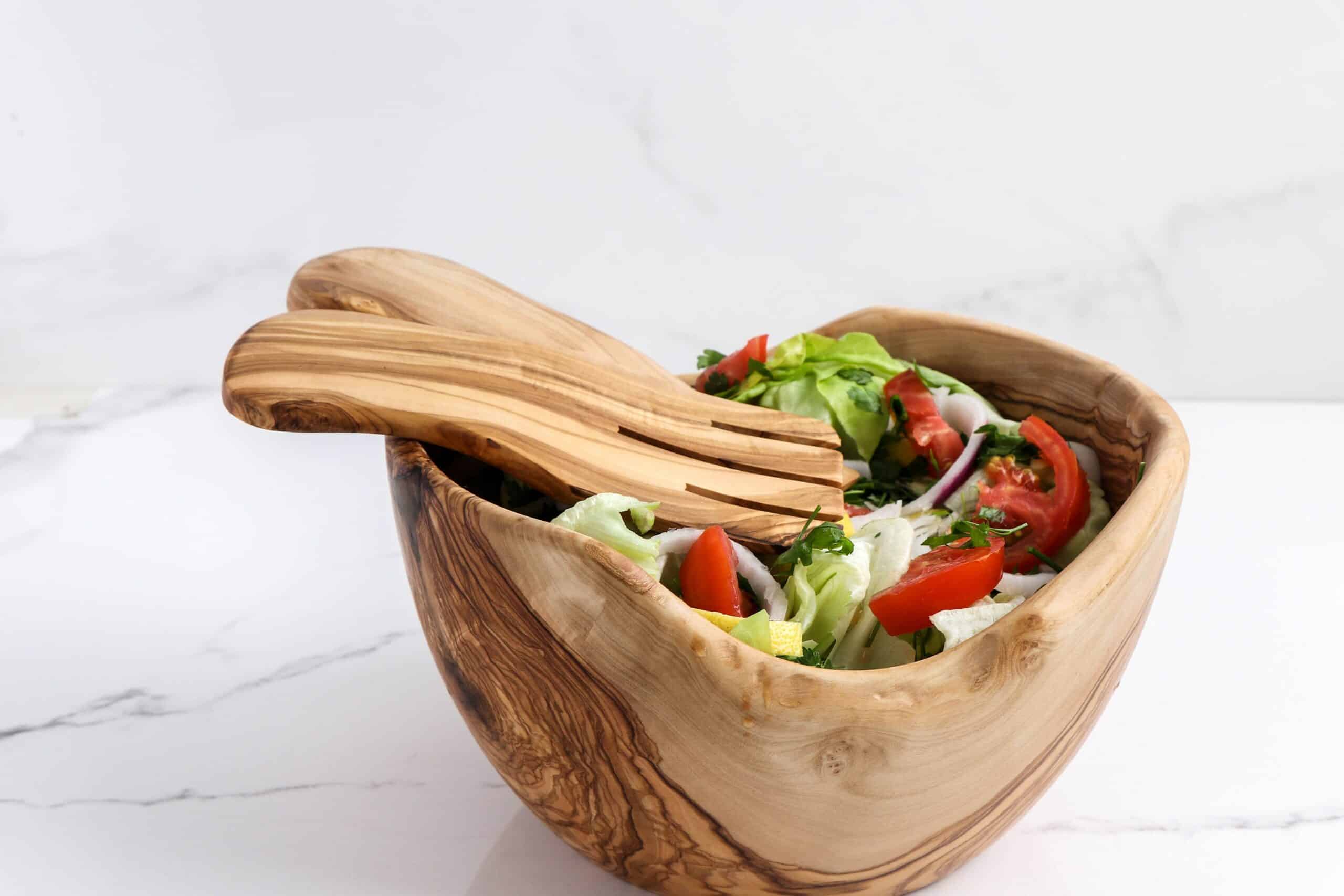 Large Olive Wood Salad Bowl with Salad Forks - Artisraw