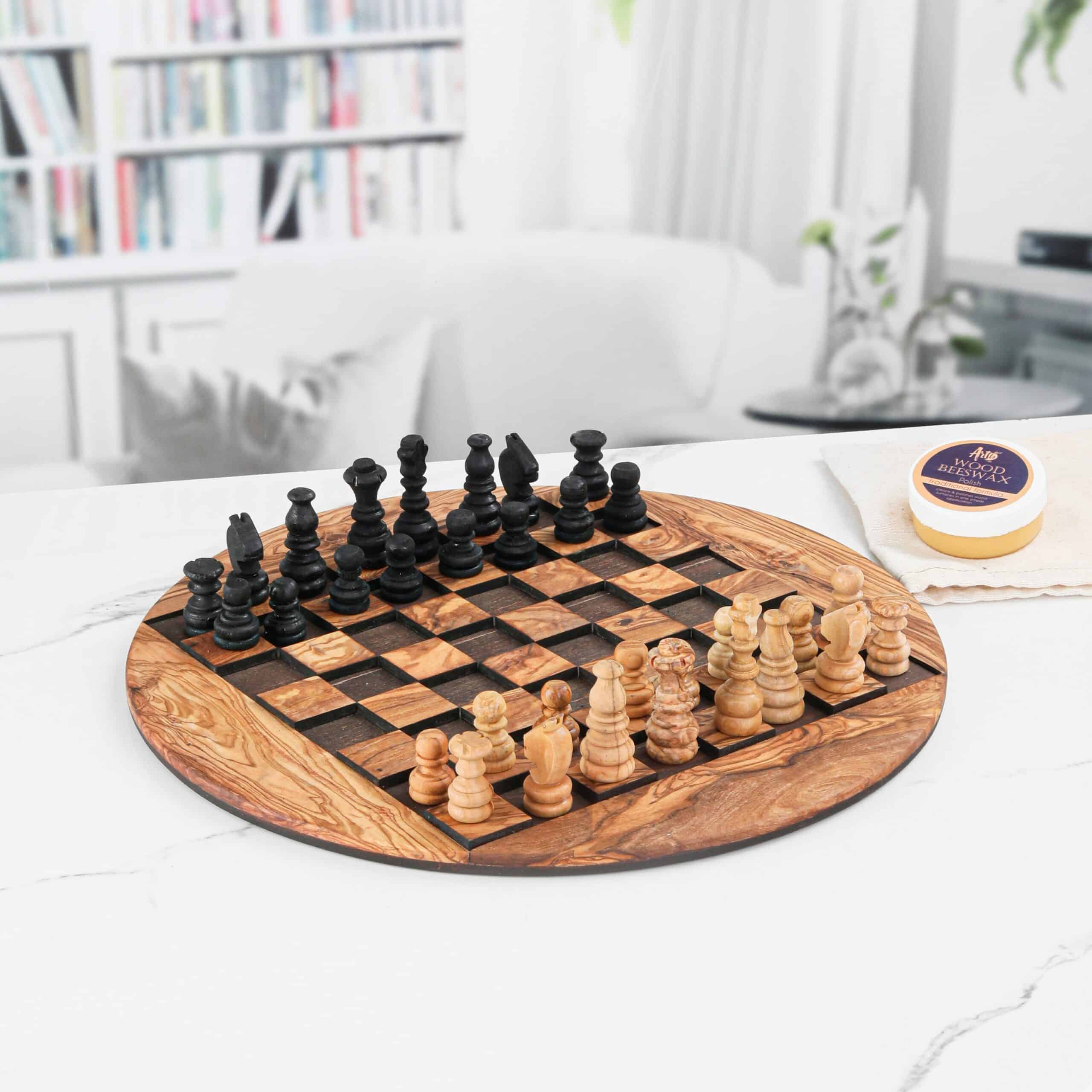 Round Chess Board Wooden with Chess Pieces - Artisraw