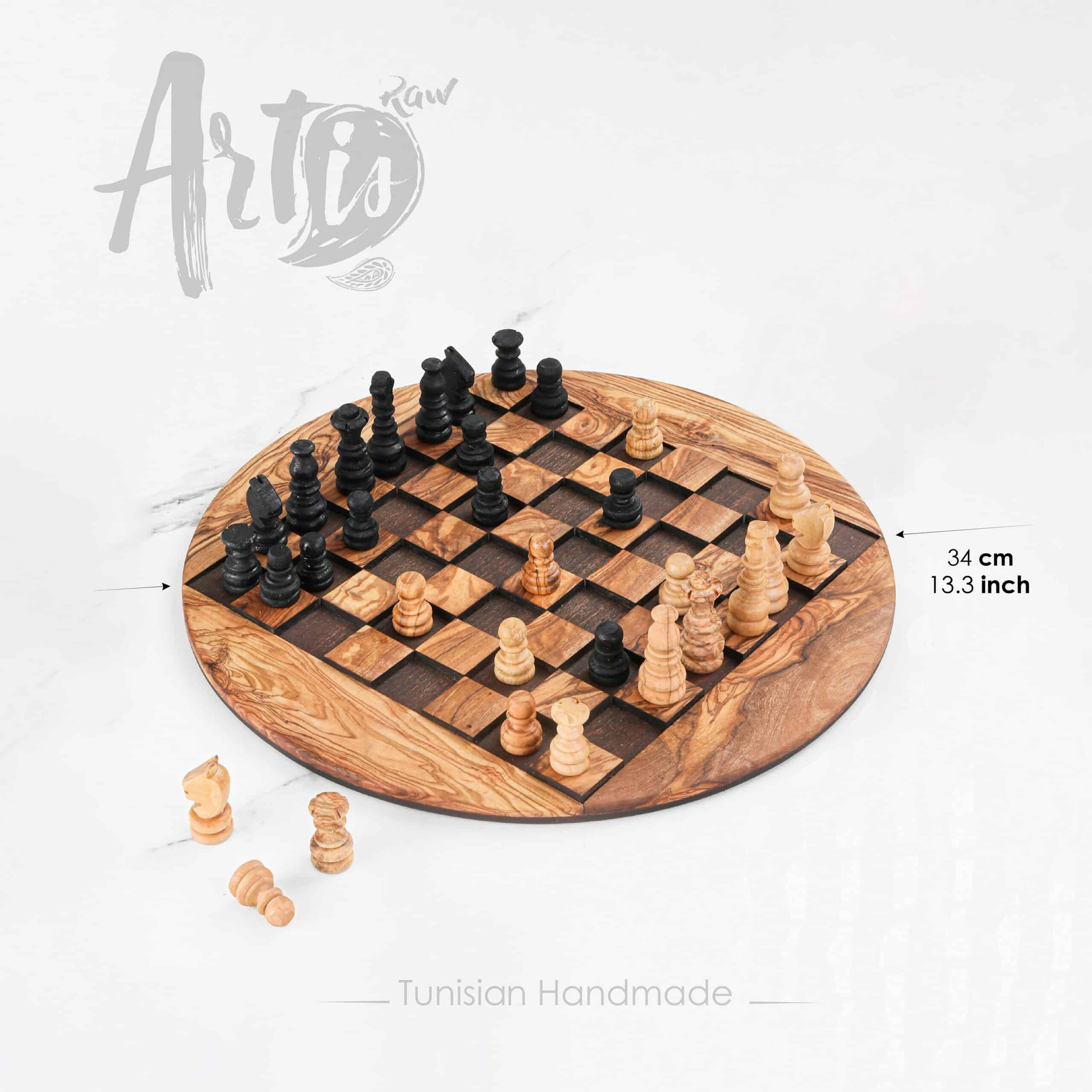 Round Chess Board Wooden with Chess Pieces - Artisraw