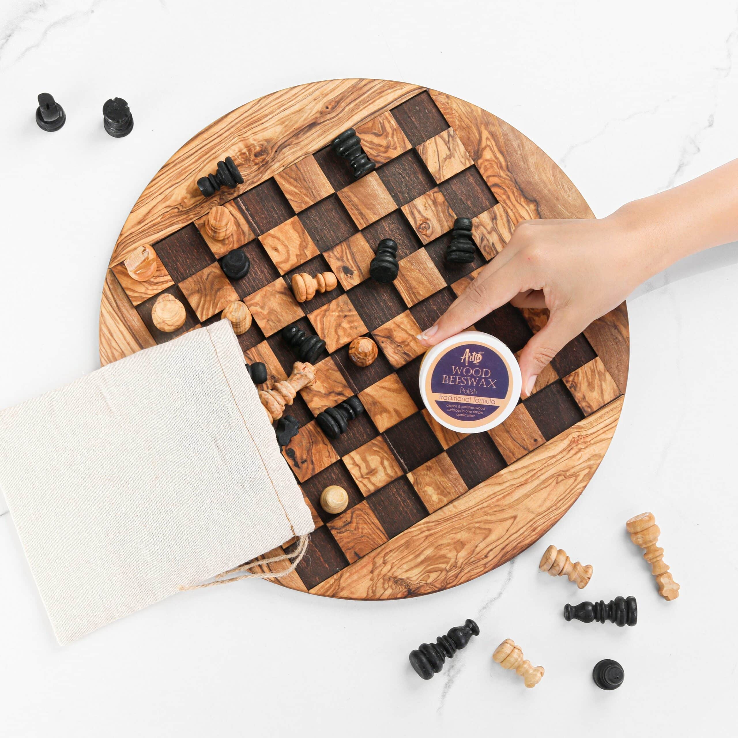 Round Chess Board Wooden with Chess Pieces - Artisraw
