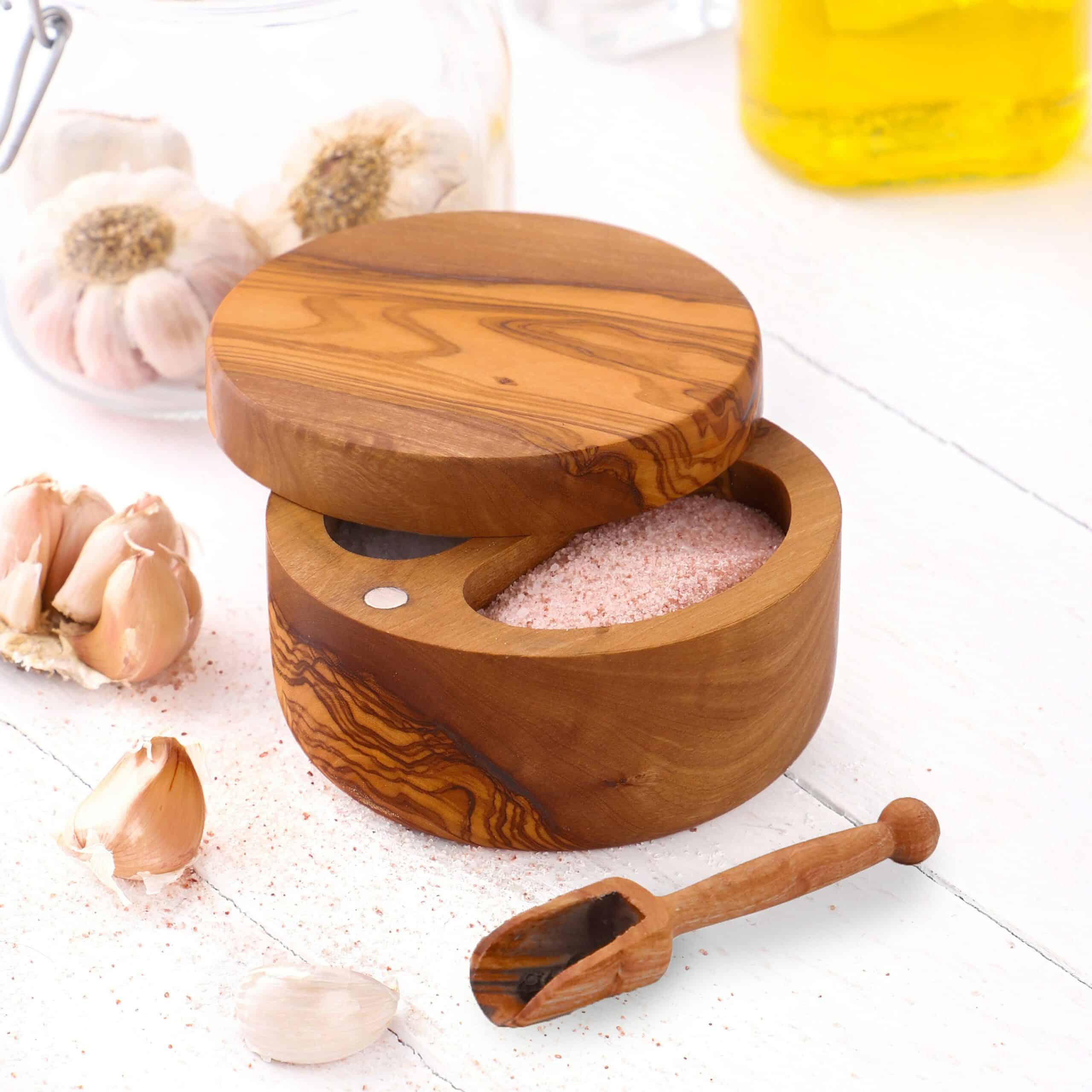 Divided Salt Cellar with Lid, Olive Wood Handmade - Artisraw